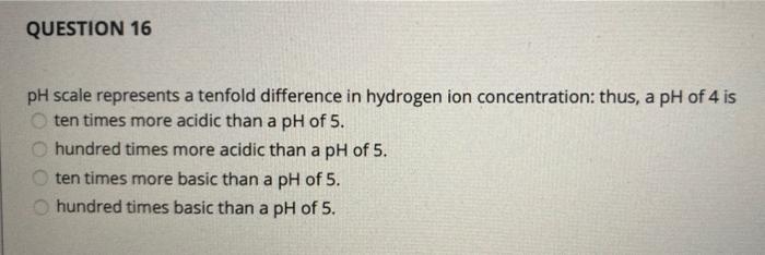 Solved QUESTION 16 pH scale represents a tenfold difference | Chegg.com