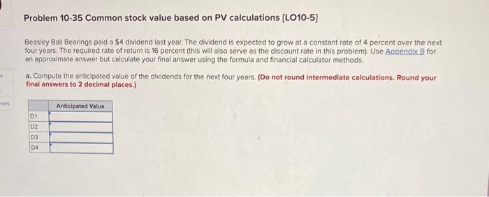 Solved Problem 10-35 Common stock value based on PV | Chegg.com