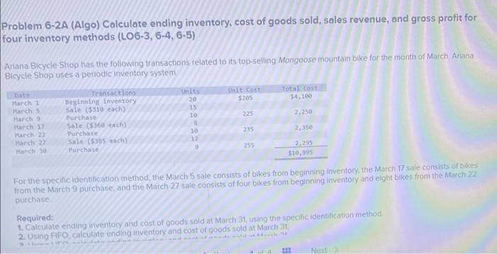Solved roblem 6-2A (Algo) Calculate ending inventory, cost | Chegg.com