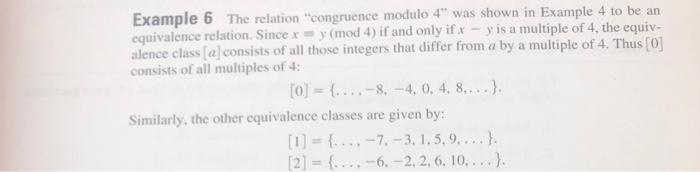 Solved Example 6 The relation congruence modulo 4" was shown | Chegg.com