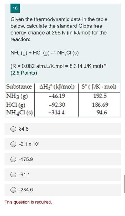 Solved 16 Given the thermodynamic data in the table below, | Chegg.com