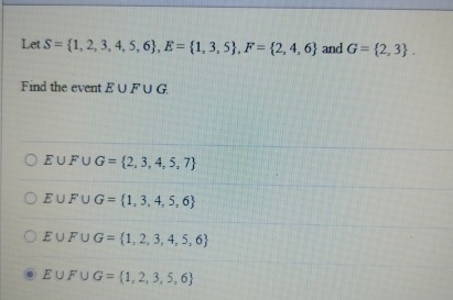 Solved Let S={1,2,3,4,5,6},E={1,3,5},F={2,4,6} ﻿and | Chegg.com