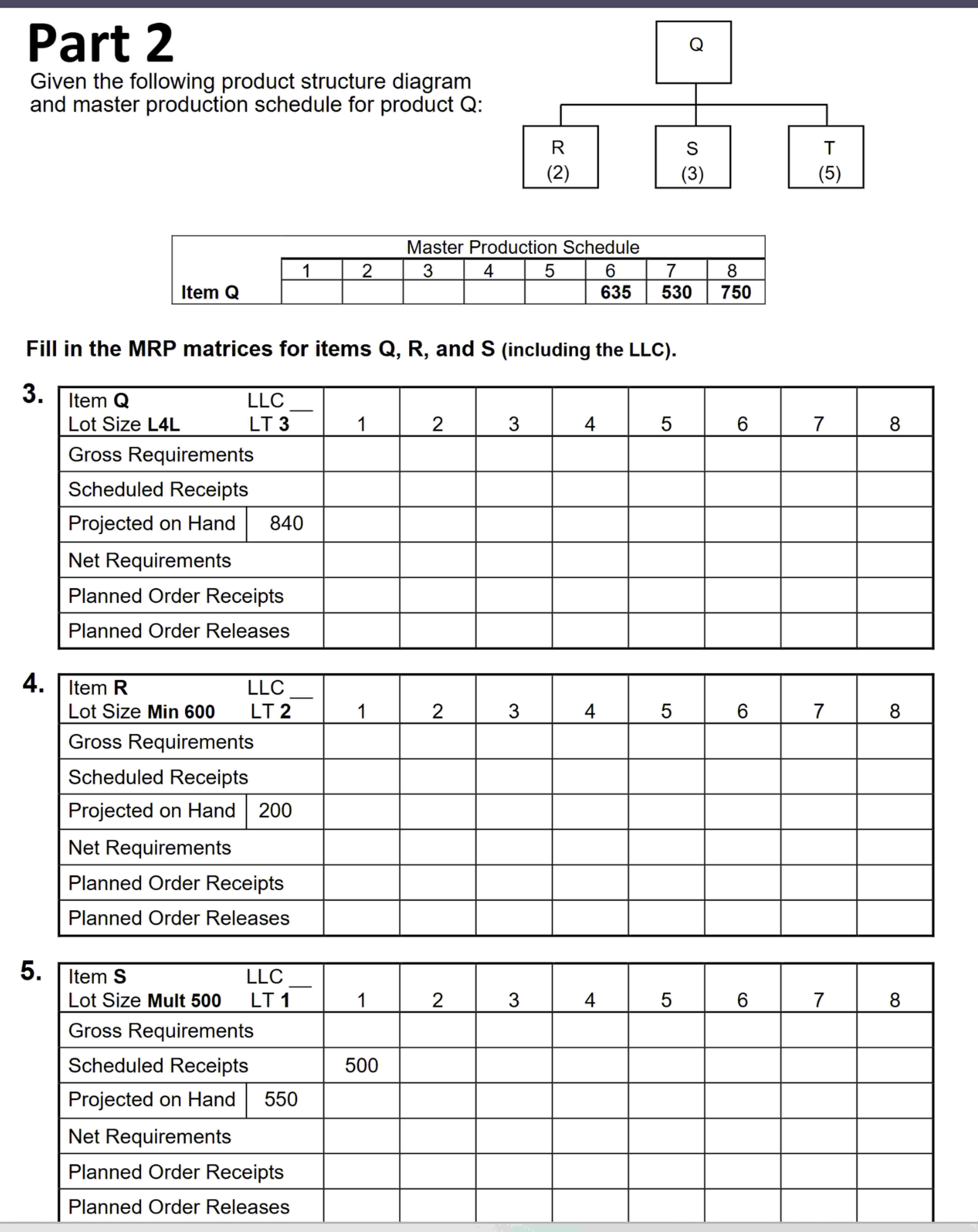 Part 2 ﻿Given the following product structure diagram | Chegg.com