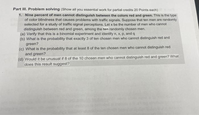 Solved Part III. Problem solving (Show all you essential | Chegg.com