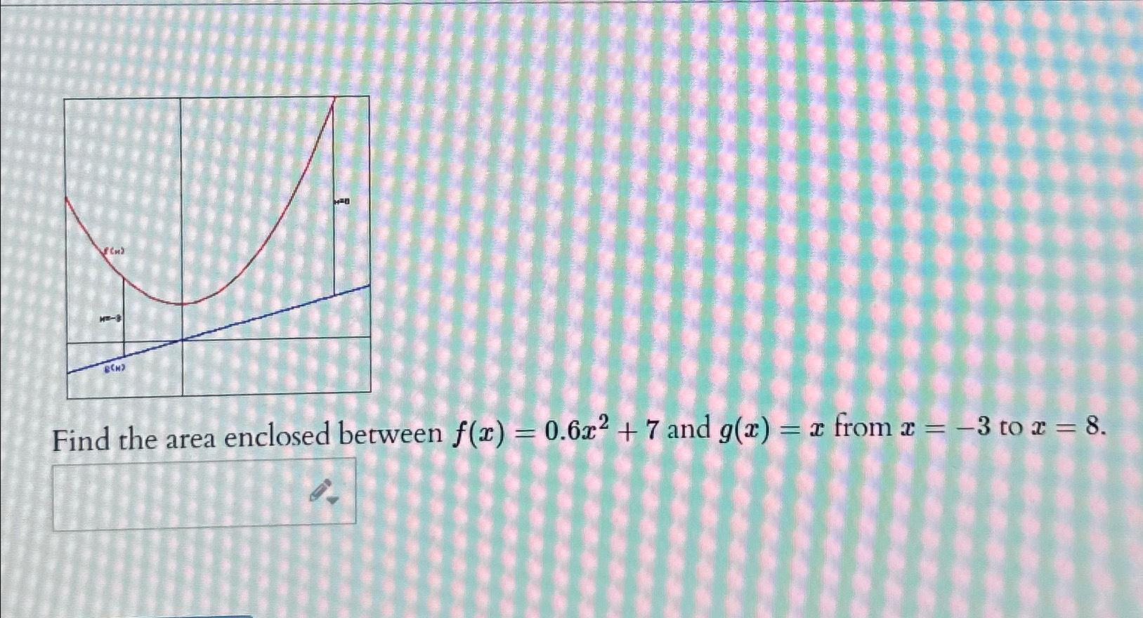 Solved Find the area enclosed between f(x)=0.6x2+7 ﻿and | Chegg.com