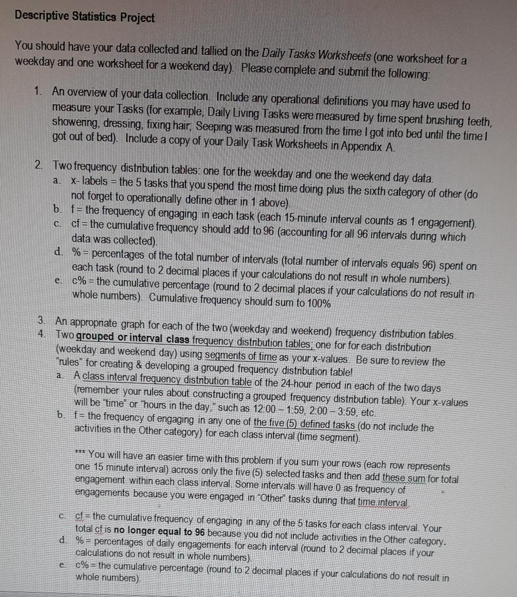 Descriptive Statistics Project You should have your | Chegg.com