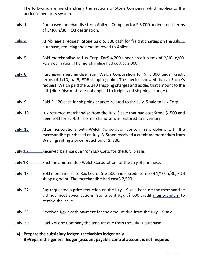 Solved The following are merchandising transactions of Stone | Chegg.com