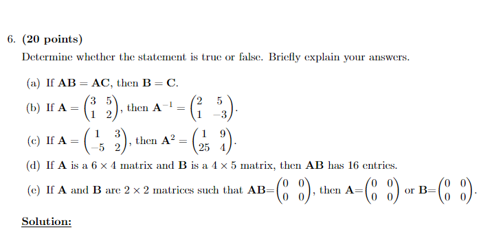 Solved (20 ﻿points)Determine whether the statement is true | Chegg.com