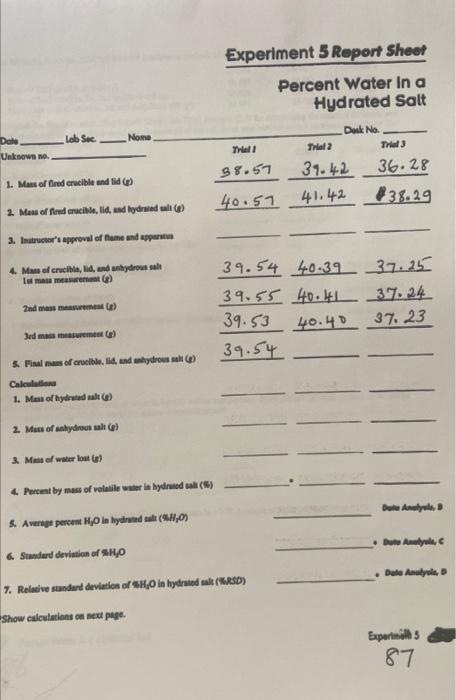 Solved Experiment 5 Report Sheet Percent Water In a 3. | Chegg.com
