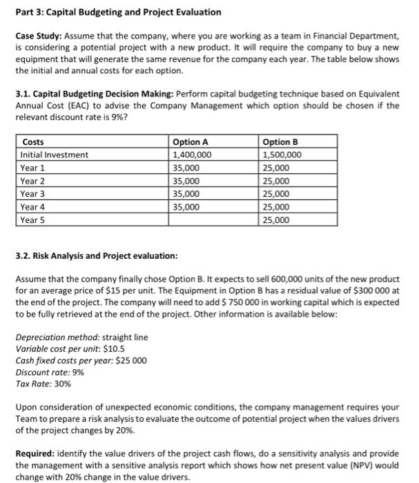 Solved Part 3: Capital Budgeting and Project Evaluation Case | Chegg.com