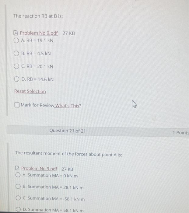 Solved The reaction RB at B is: Problem No 9.pdf 27 KB A. | Chegg.com