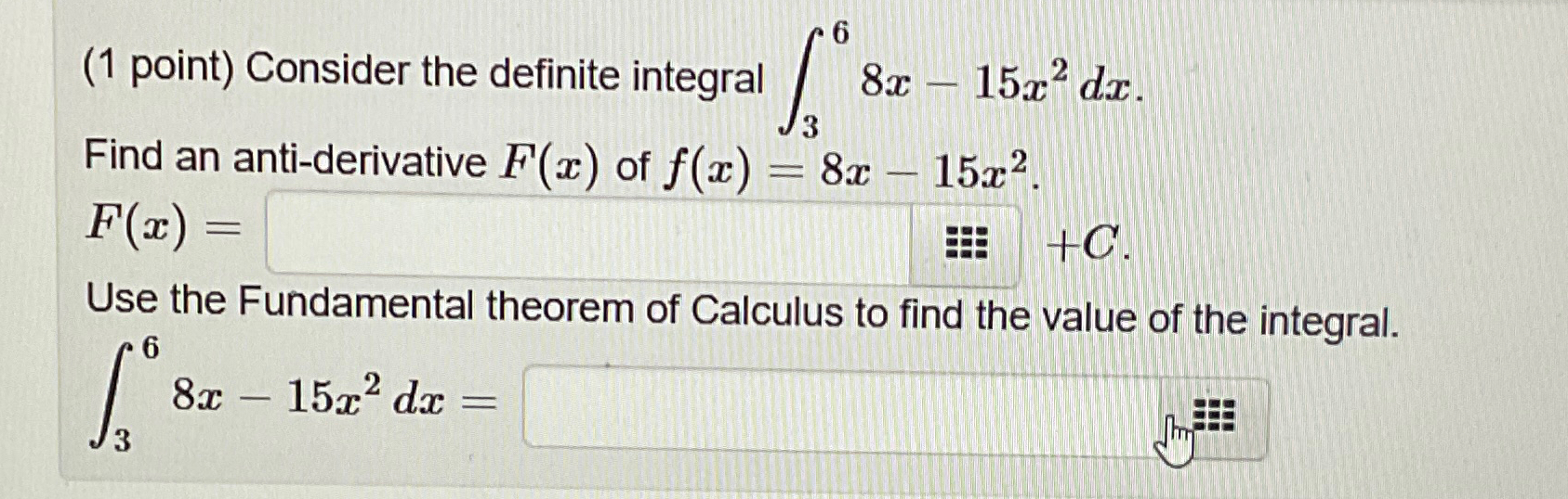 Solved (1 ﻿point) ﻿Consider the definite integral | Chegg.com