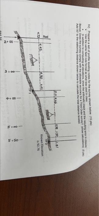 Solved IV) Prepare a set of profile leveling notes for the | Chegg.com