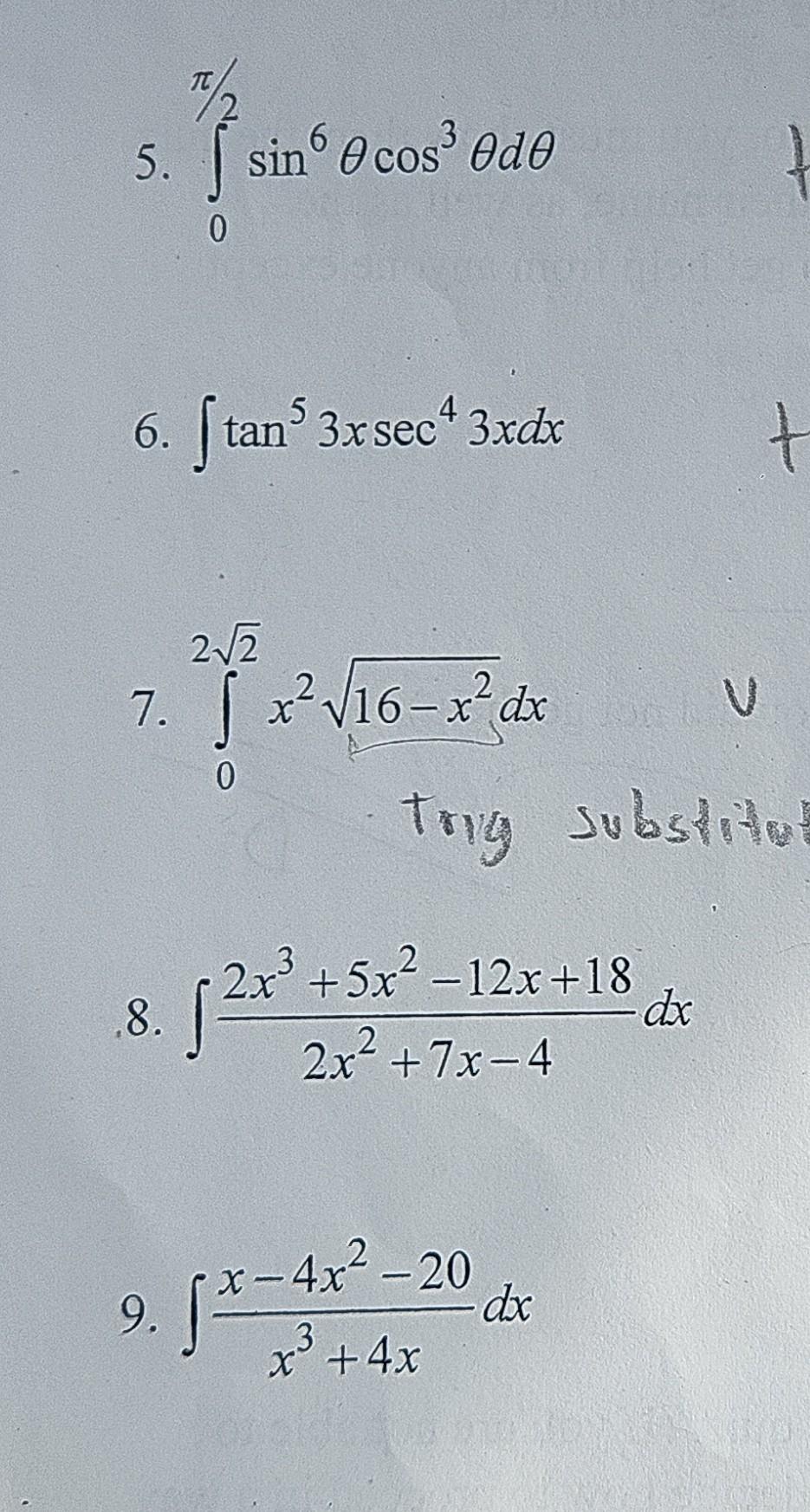 Solved 5. ∫0π/2sin6θcos3θdθ 6. ∫tan53xsec43xdx 7. | Chegg.com