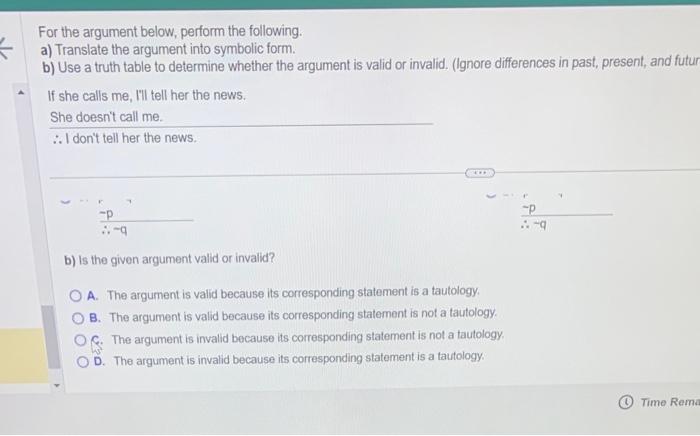 Solved For the argument below, perform the following. a) | Chegg.com