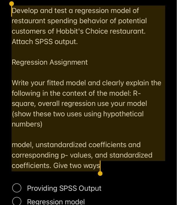 Solved Develop and test a regression model of restaurant | Chegg.com