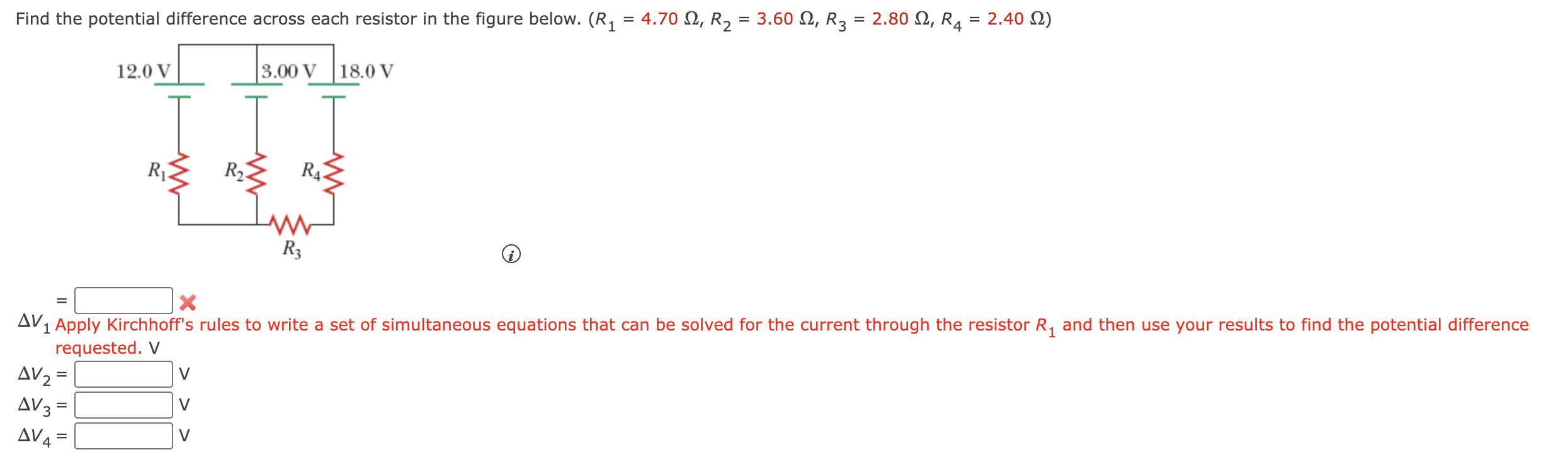 Solved R1=4.70Ω,R2=3.60Ω,R3=2.80Ω,R4=2.40Ω=ΔV1 ﻿Apply | Chegg.com