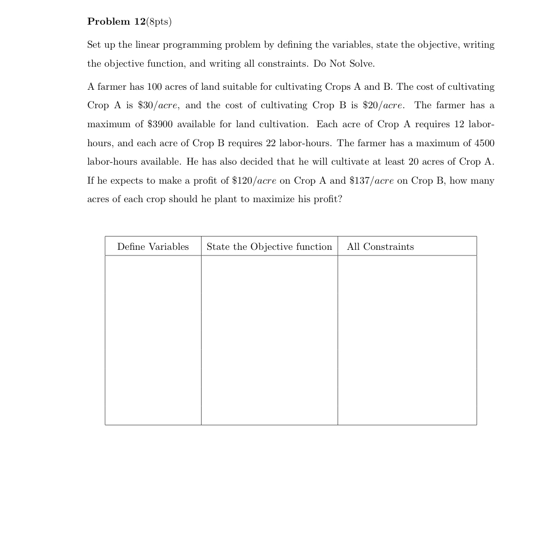 Solved Problem 12(8pts)Set up the linear programming problem | Chegg.com Solved Problem 12(8pts)Set up the linear programming problem | Chegg.com