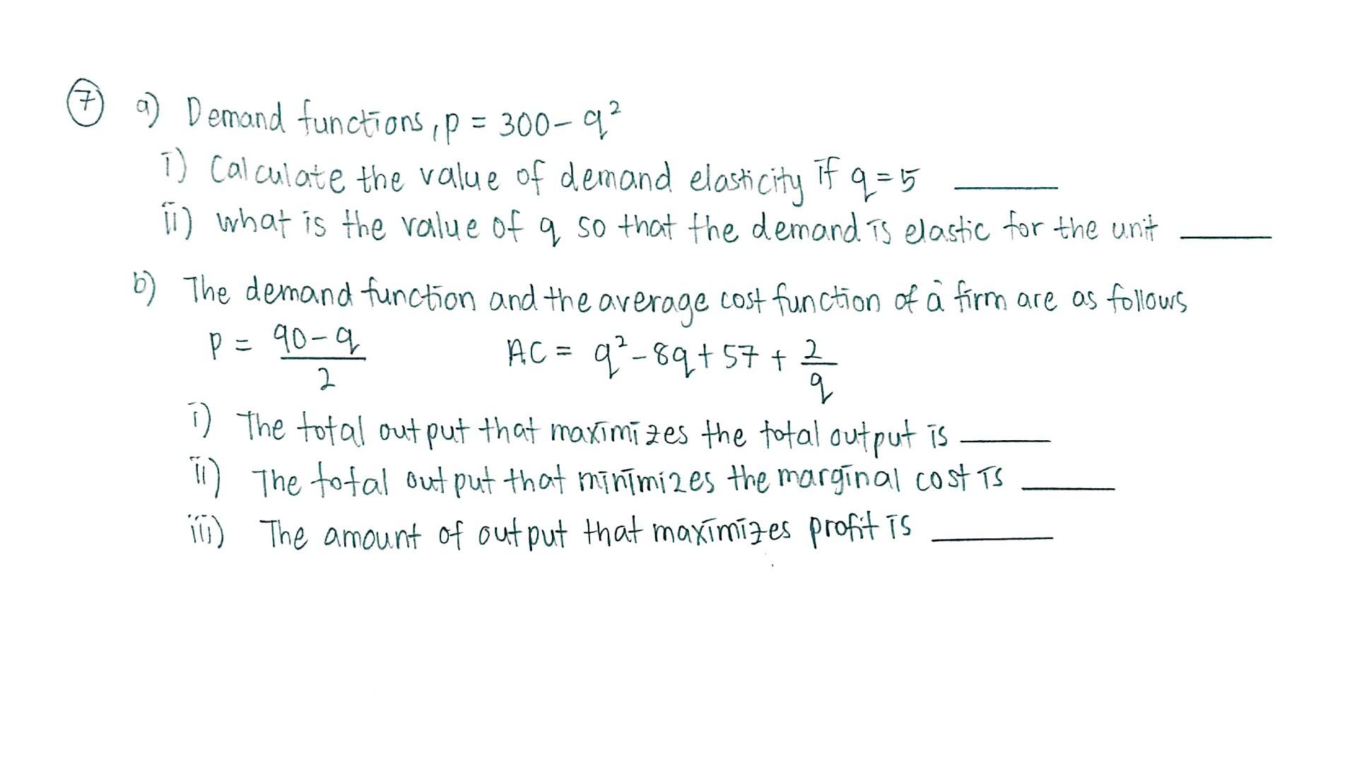 Solved 7 a) Demand functions, p = 300-9² 1) Calculate the | Chegg.com