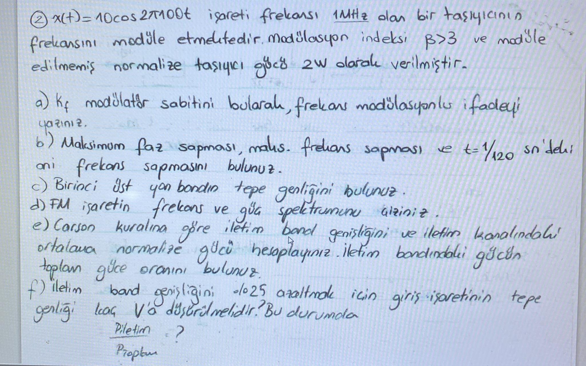 (2) x(t)=10cos2π100t ﻿isareti frekansi 1MHz ﻿dan bir | Chegg.com