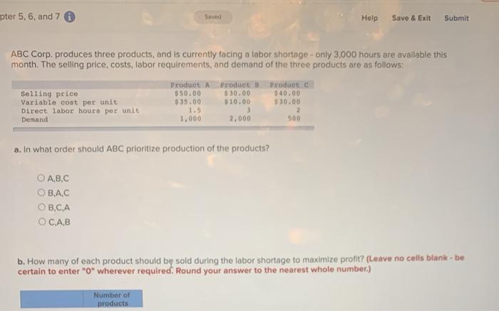 Solved pter 5, 6, and 7 Saved Help Save & Exit Submit ABC | Chegg.com