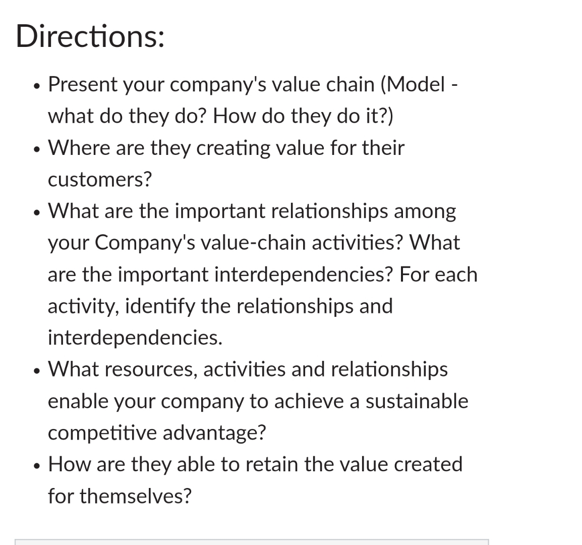 Solved Directions:Present your company's value chain | Chegg.com