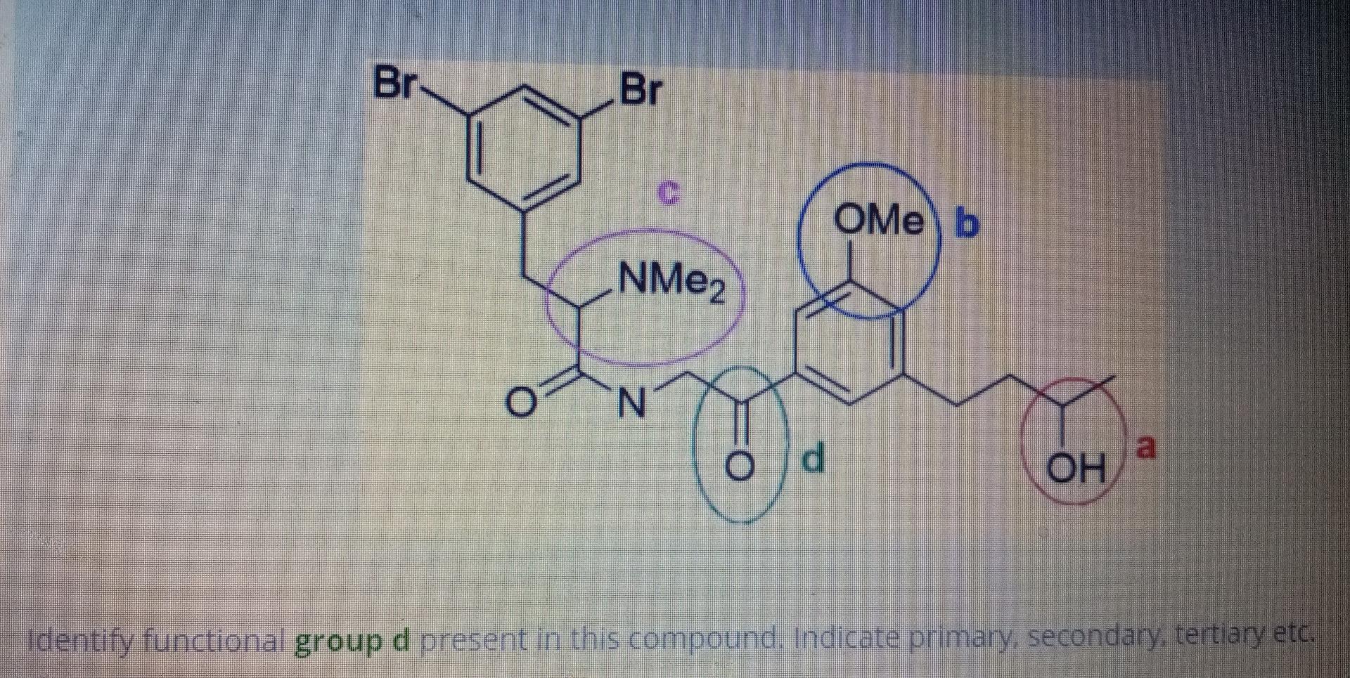 Solved Br Br OMe b NMez N O d OH Identify functional group d | Chegg.com