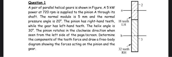 Solved Question 1 A pair of parallel helical gears is shown | Chegg.com Solved Question 1 A pair of parallel helical gears is shown | Chegg.com