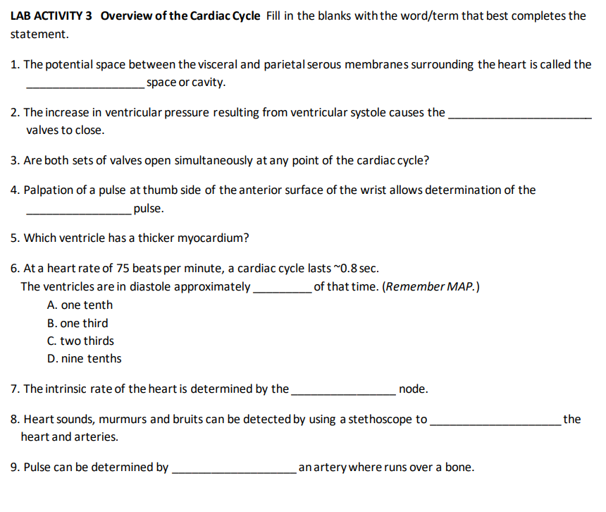 LAB ACTIVITY 3 ﻿Overview of the Cardiac Cycle Fill in | Chegg.com