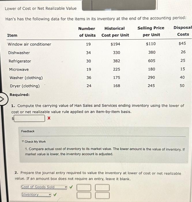 Solved Lower of Cost or Net Realizable Value Han's has the | Chegg.com