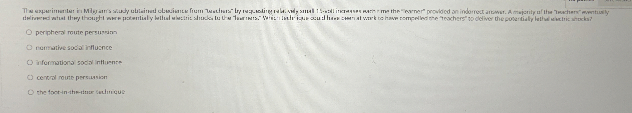 Solved The experimenter in Milgram's study obtained | Chegg.com