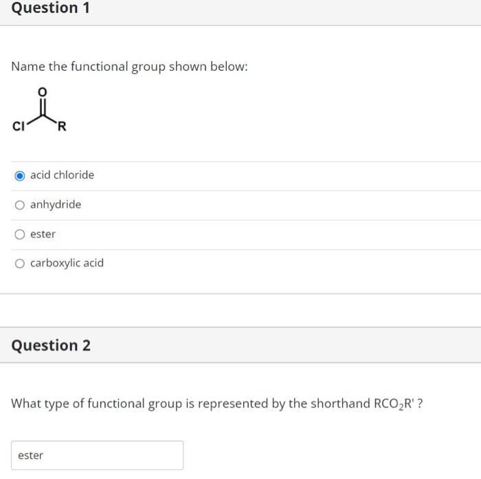 Solved Name the functional group shown below: acid chloride | Chegg.com