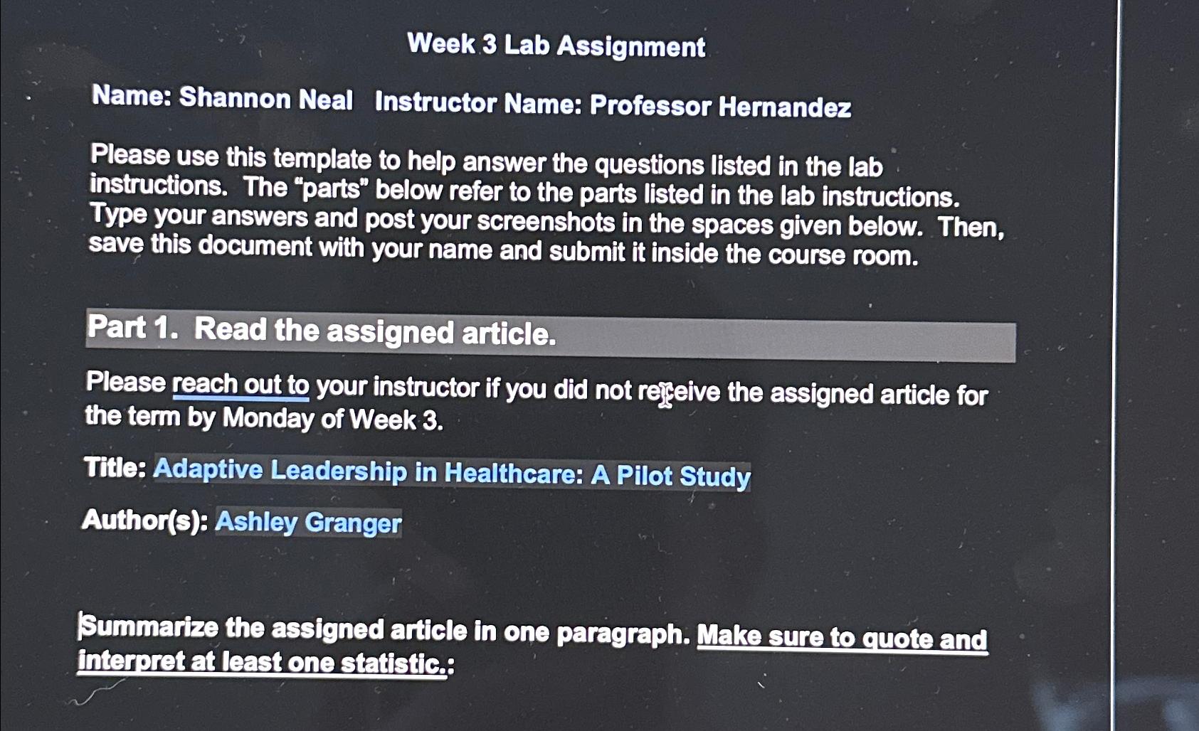 Solved Week 3 ﻿Lab AssignmentName: Shannon Neal Instructor | Chegg.com