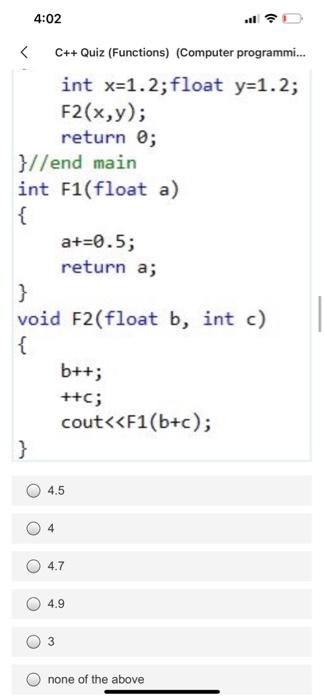 Solved 4:02 く、 C++ Quiz (Functions) (Computer programmi... | Chegg.com