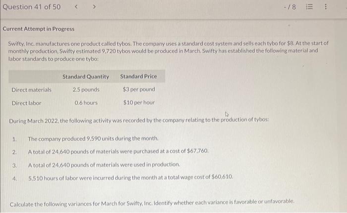 Solved Current Attempt in Progress Swifty, Inc, manufactures | Chegg.com