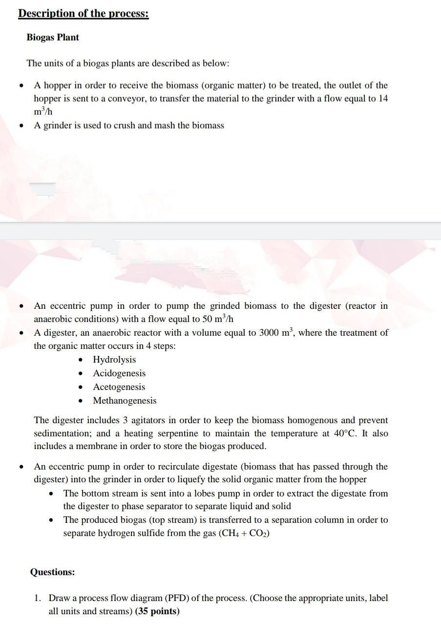 Solved 1. Draw a process flow diagram (PFD) of the process. | Chegg.com