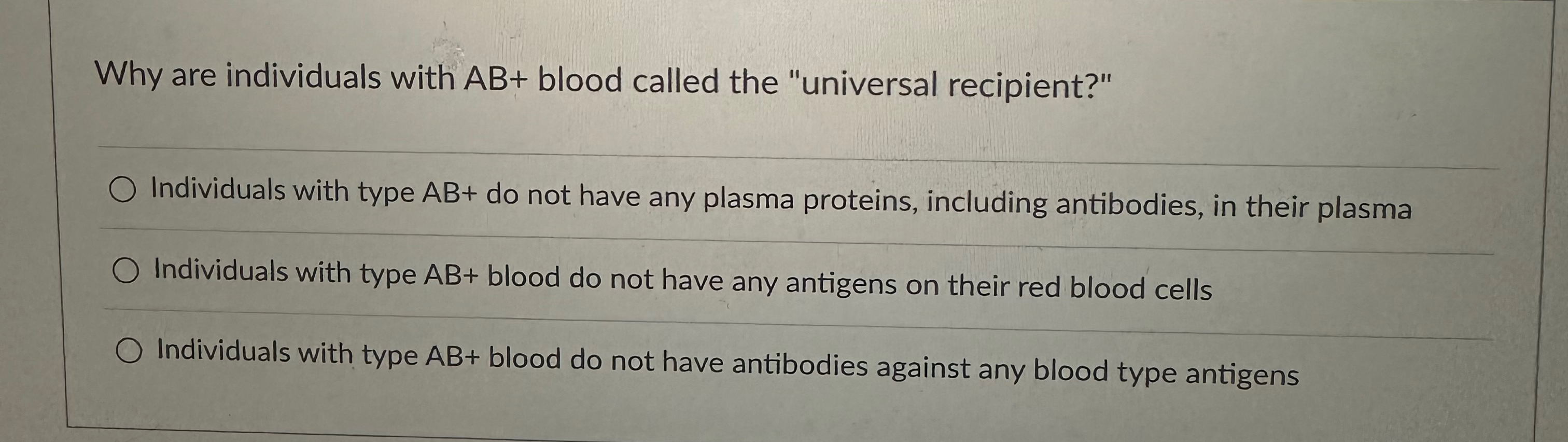 Solved Why are individuals with AB+ ﻿blood called the | Chegg.com