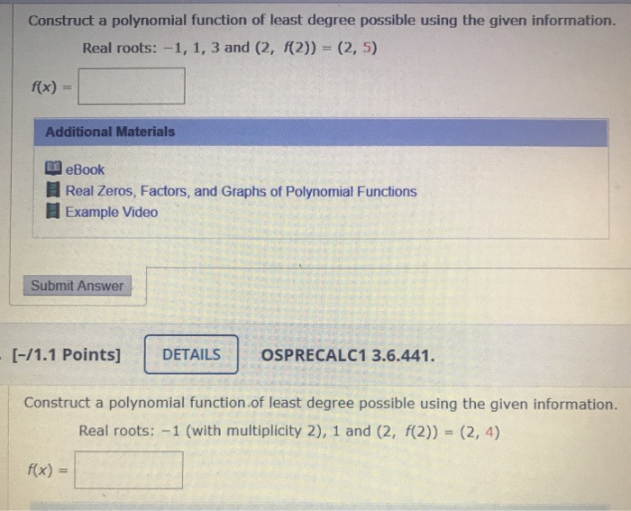 Solved Construct a polynomial function of least degree | Chegg.com