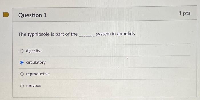 Solved Question 1 1 pts The typhlosole is part of the system | Chegg.com
