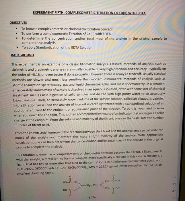Solved EXPERIMENT FIFTH: COMPLEXOMETRIC TITRATION OF Ca(II) | Chegg.com