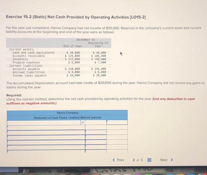 Solved Exercise 15-2 (Static) Net Cash Provided by Operating | Chegg.com
