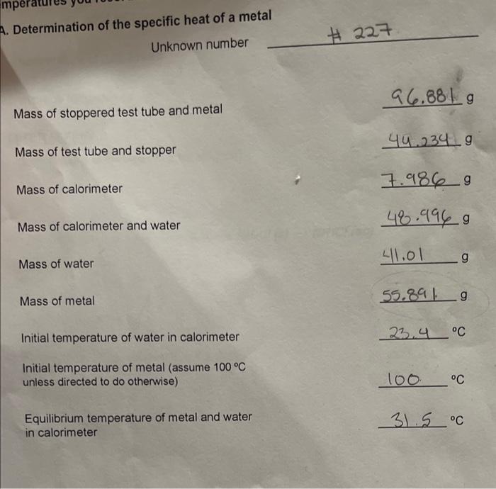 Aetermination of the specific heat of a metal Unknown | Chegg.com