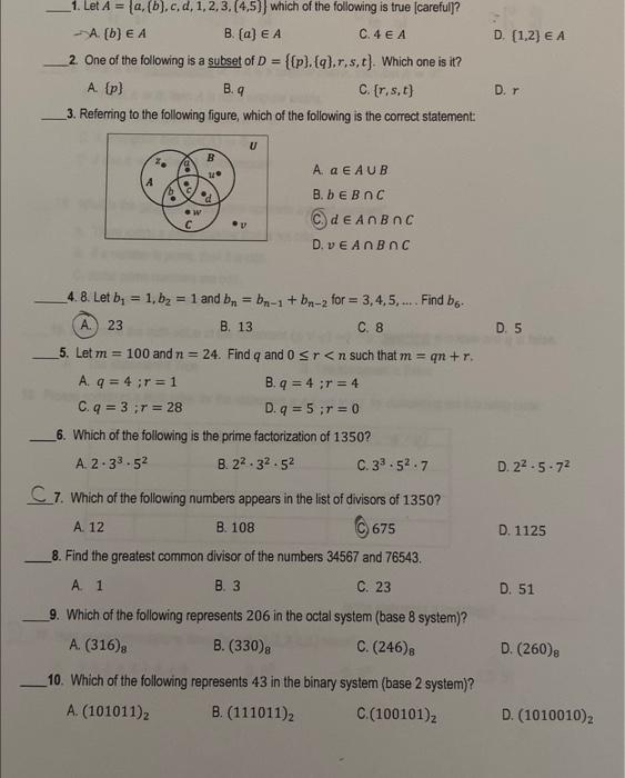 Solved 1. Let A={a,{b],c,d,1,2,3,[4,5]} which of the | Chegg.com