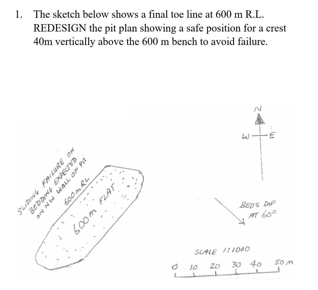 1. The sketch below shows a final toe line at 600 m | Chegg.com