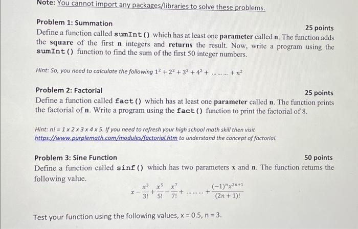 Solved Problem 1: Summation Define a function called sumInt | Chegg.com