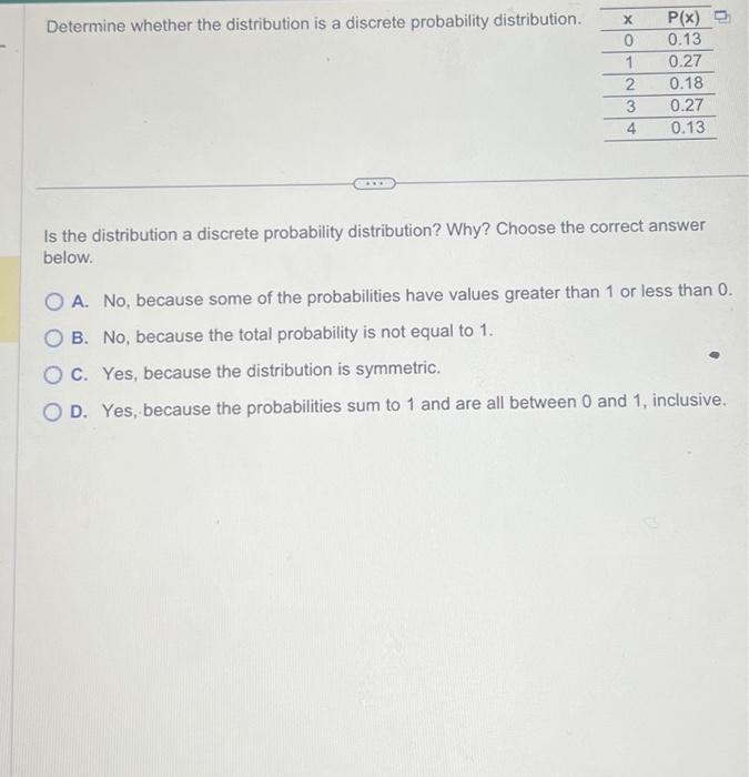 Solved Determine whether the distribution is a discrete | Chegg.com