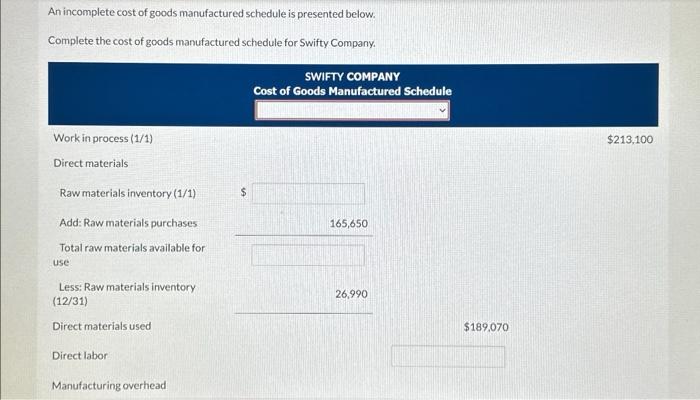 Solved An incomplete cost of goods manufactured schedule is | Chegg.com