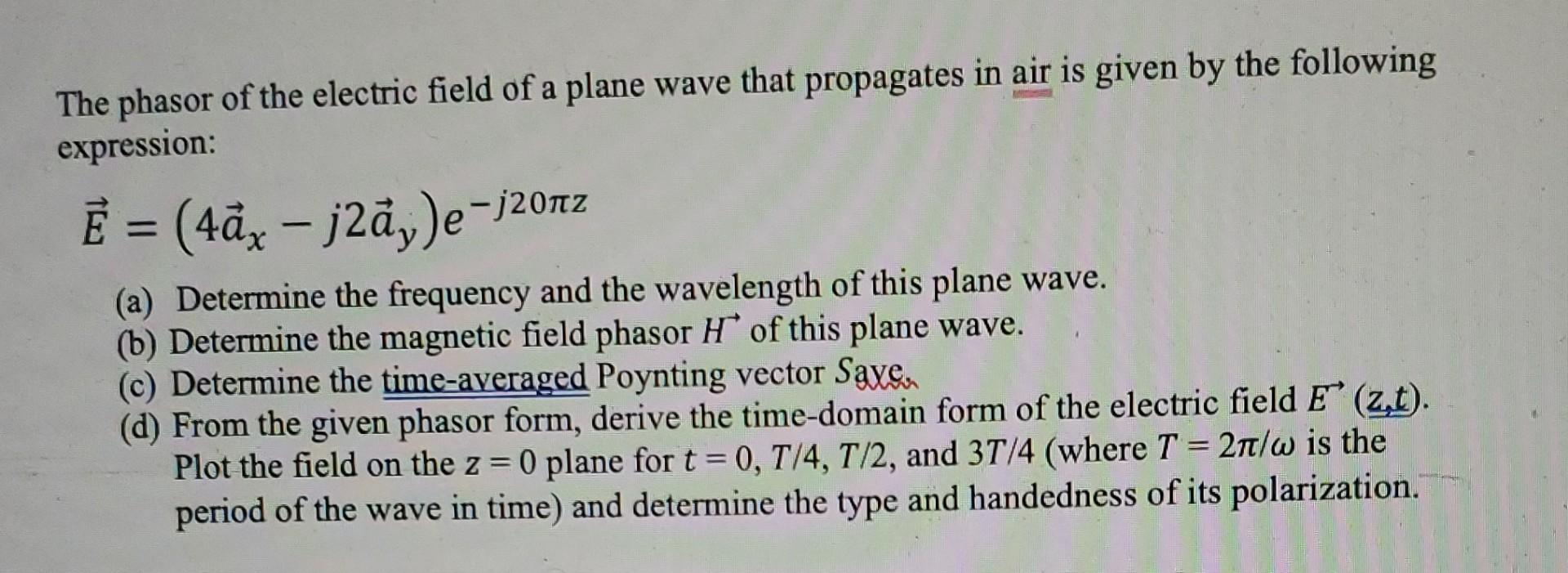 Solved The phasor of the electric field of a plane wave that | Chegg.com