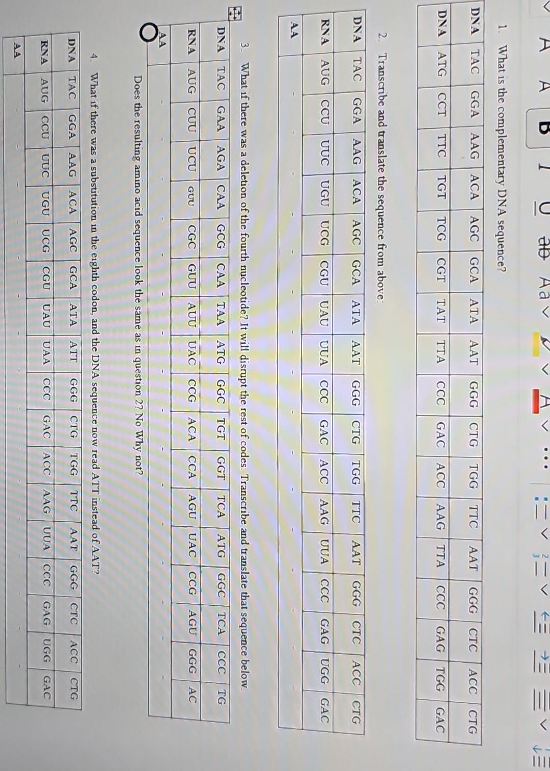Solved 1. What is the complementary DNA sequence? DNA TAC | Chegg.com