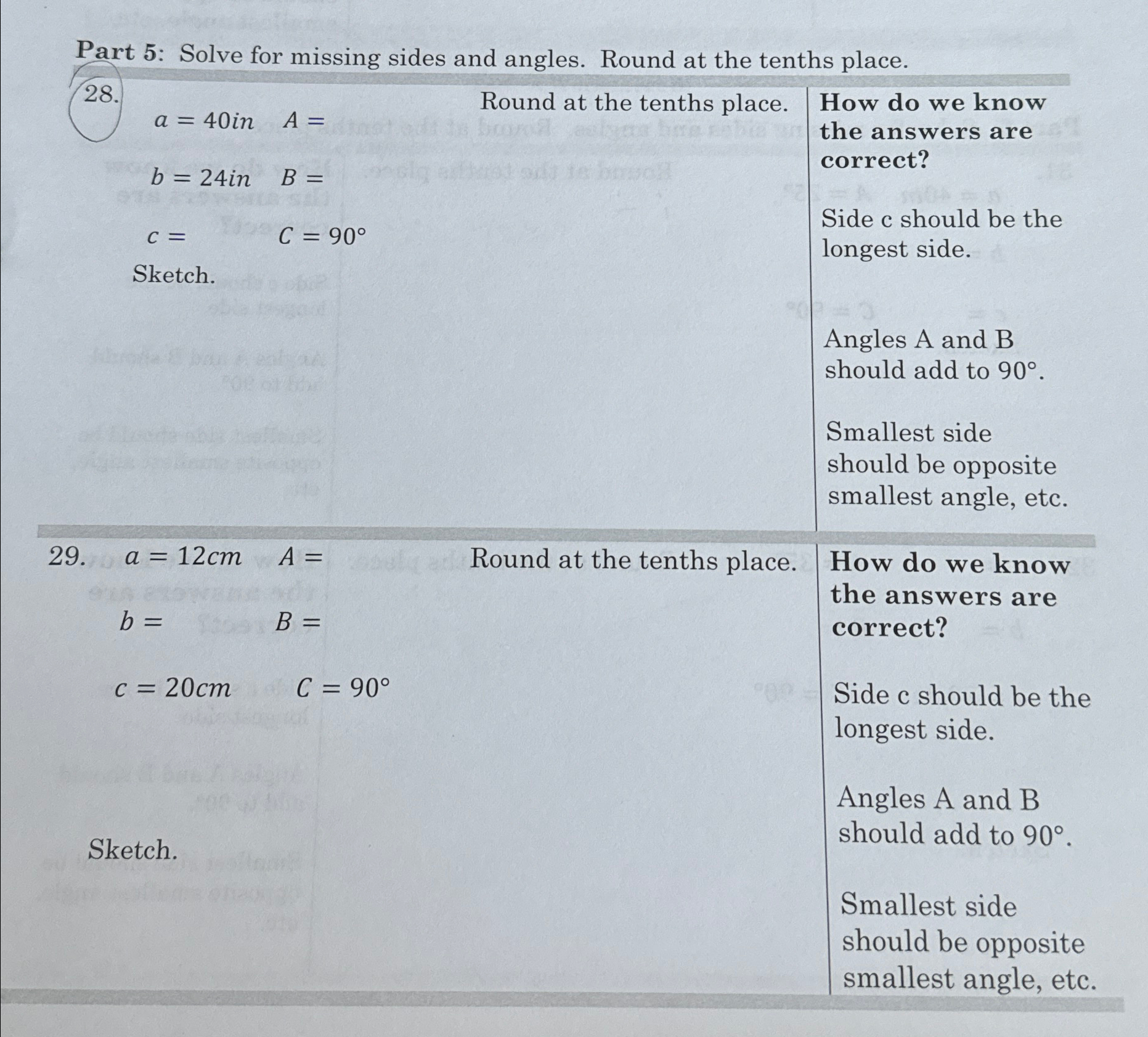 Solved Part 5: Solve for missing sides and angles. Round at | Chegg.com